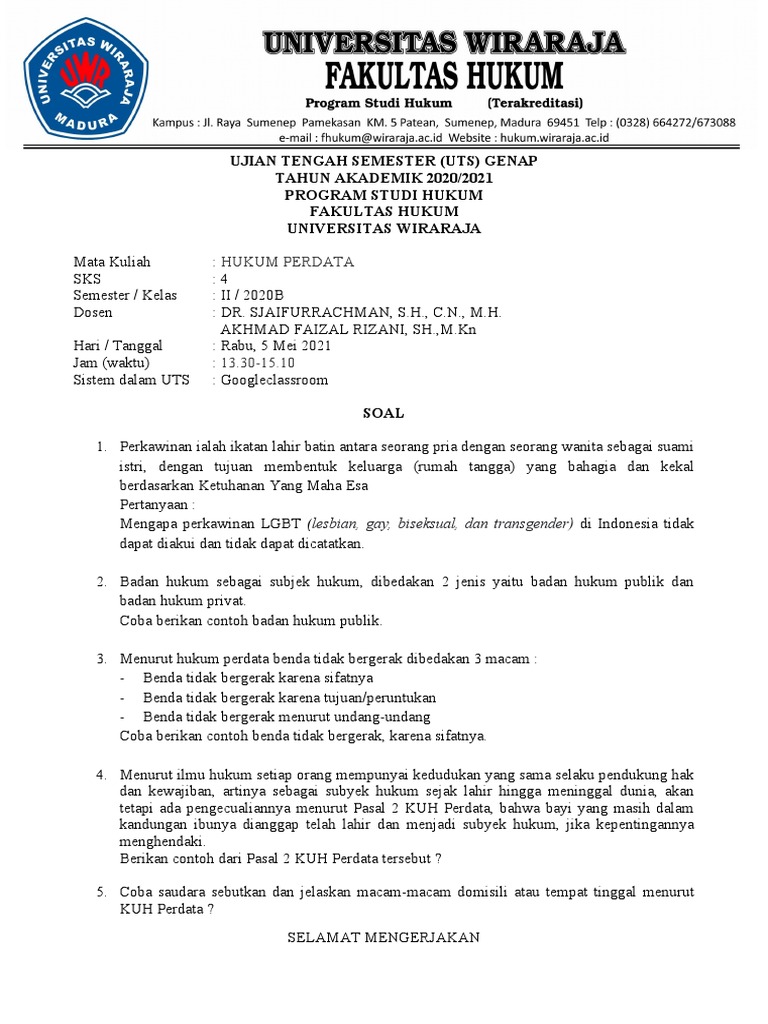 Soal Uts Hukum Perdata 2020b | PDF