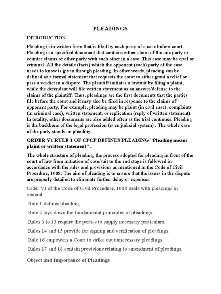 Pleadings: Order V1 Rule 1 of CPCP Defines Pleading "Pleading Means ...