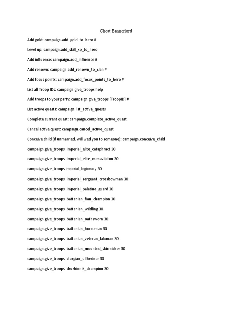 Bannerlord Cheat Commands Guide | PDF