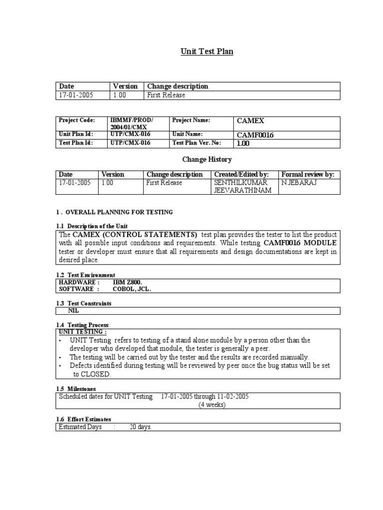 Date Change Description: Unit Test Plan | PDF | Software Testing | Unit ...