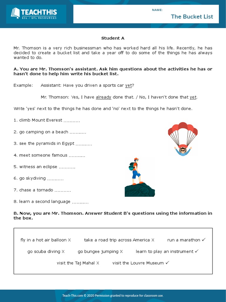 The Bucket List Interactive Version Student A | PDF