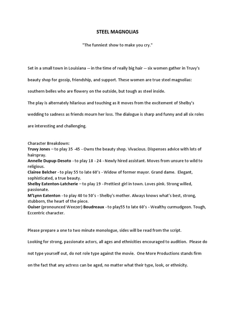 Steel Magnolia Character Breakdown | PDF | Mystery, Thriller & Crime ...