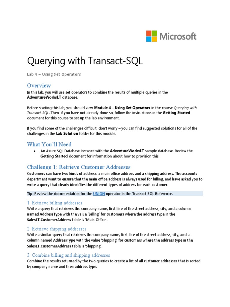 Querying With Transact Sql Lab 4 Using Set Operators Pdf Information Retrieval Table