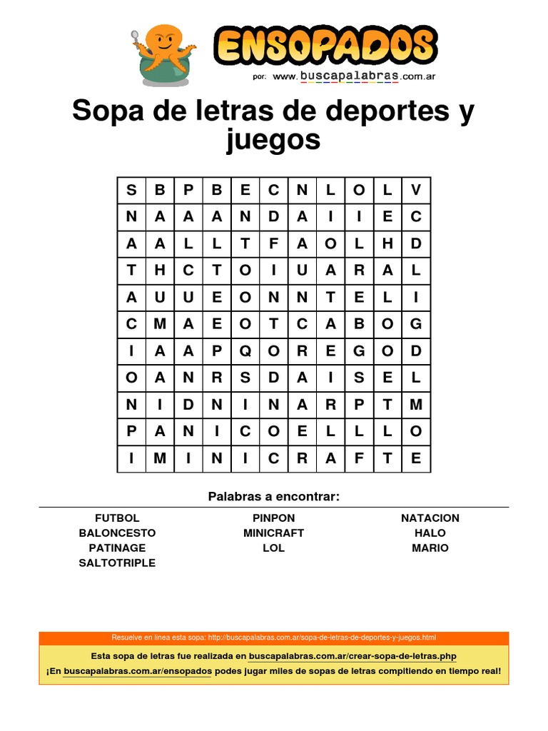 Sopa de Letras de Deportes y Juegos | PDF