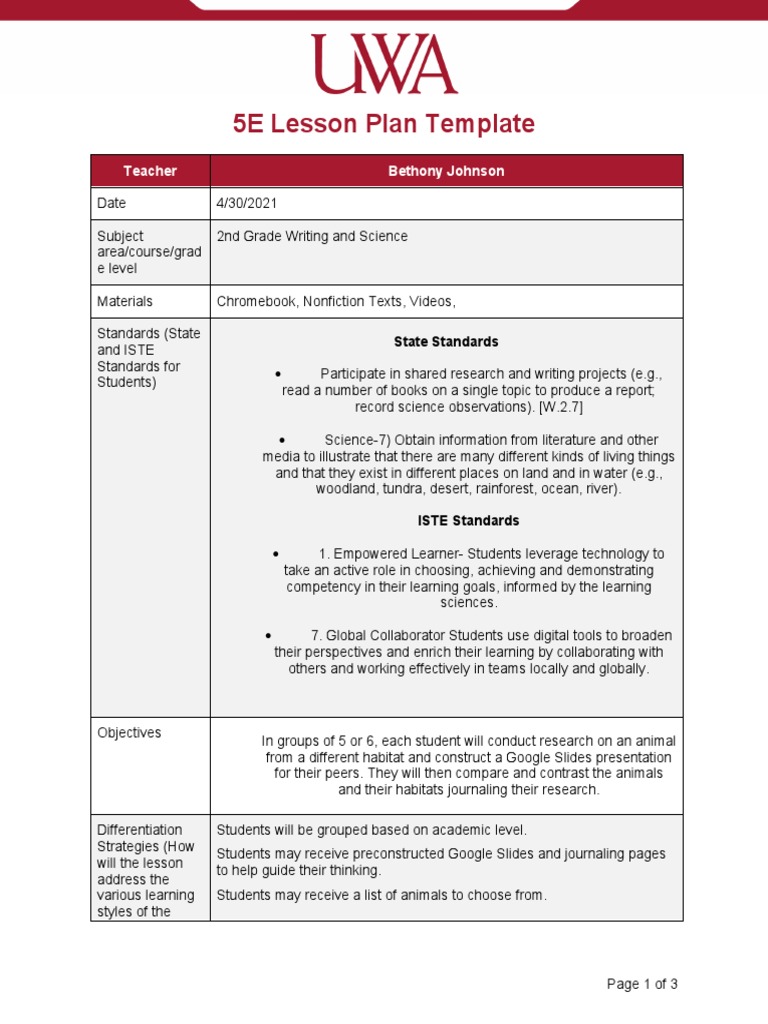 ED508-5E Lesson Plan #1 Writing & Science | PDF | Lesson Plan ...