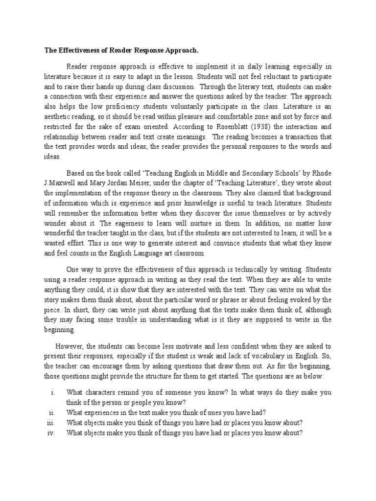 Effectiveness of Reader Response Approach | PDF | Teachers | Reading ...