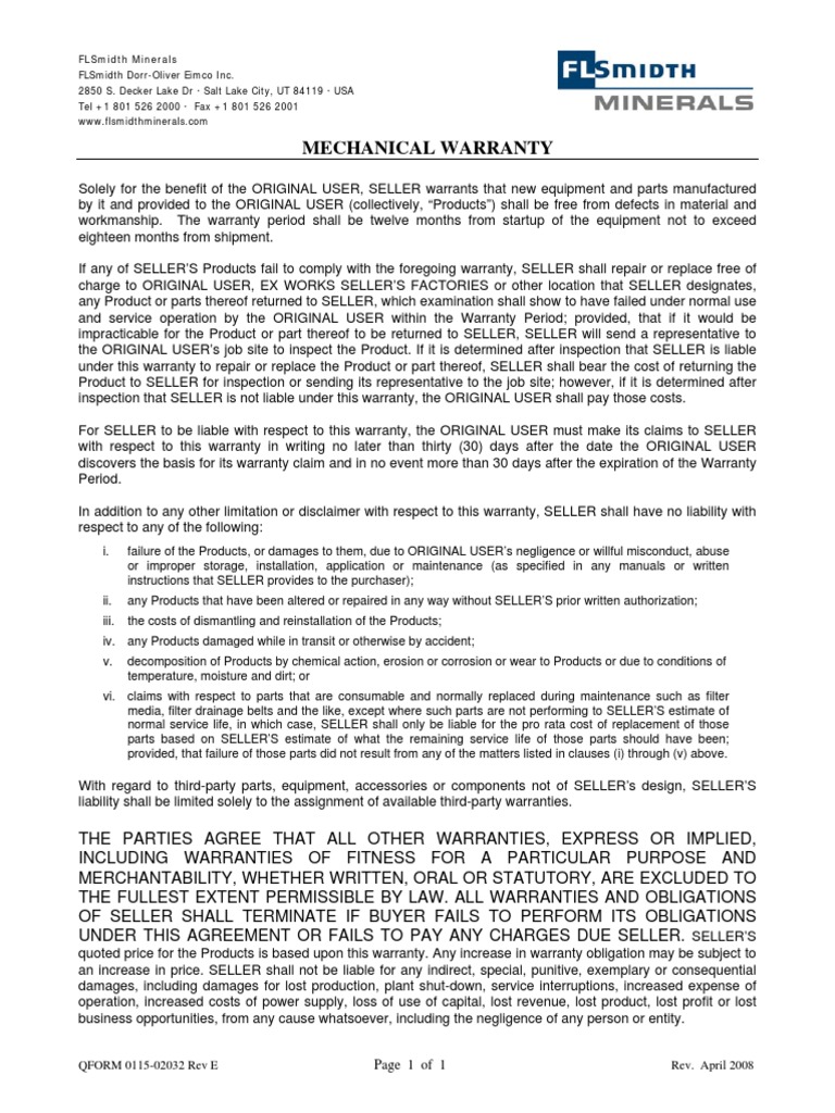 FLSmidth Minerals Mechanical Warranty 2008 | PDF | Damages | Business Law