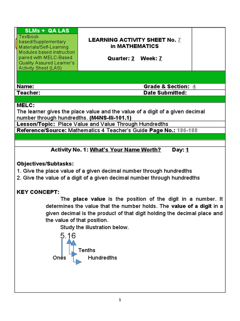 LAS Math 4 Week 7 Rhoda Y. Sibullas | PDF | Numbers | Decimal