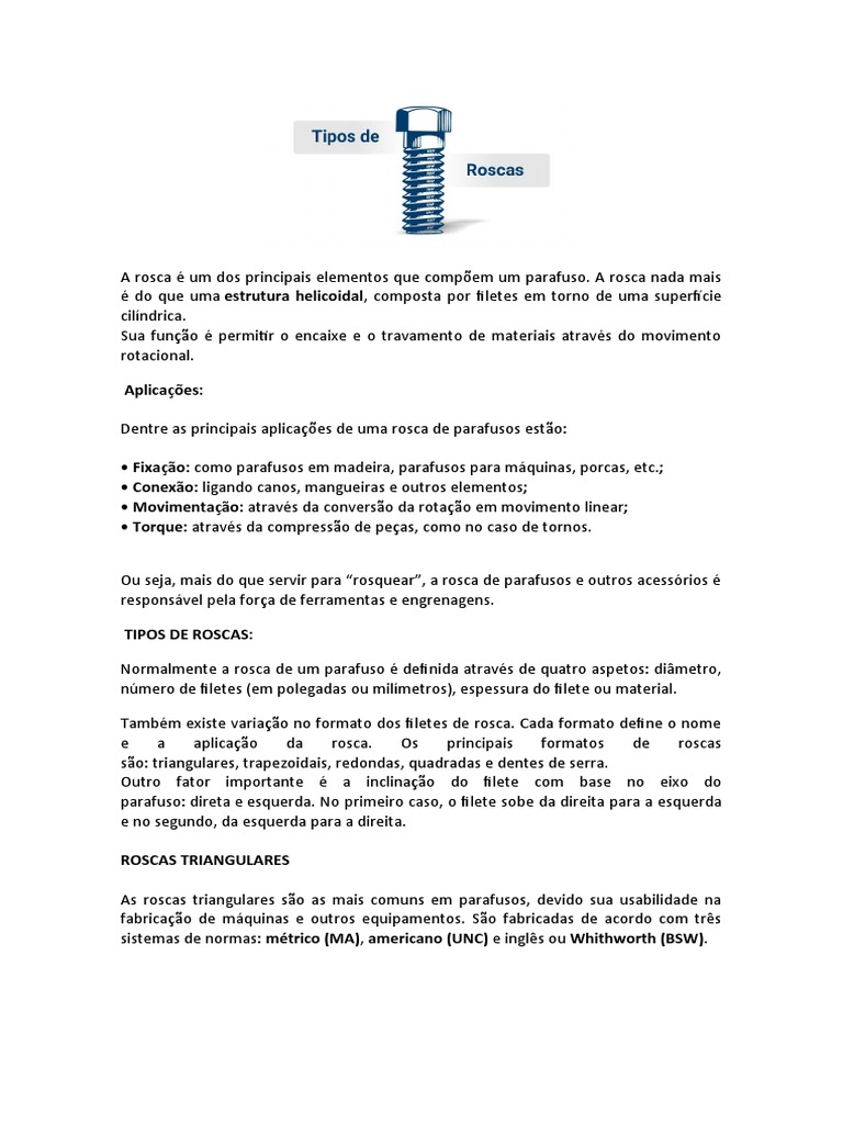 Tipos de Roscas | PDF | Parafuso | Engenharia Mecânica