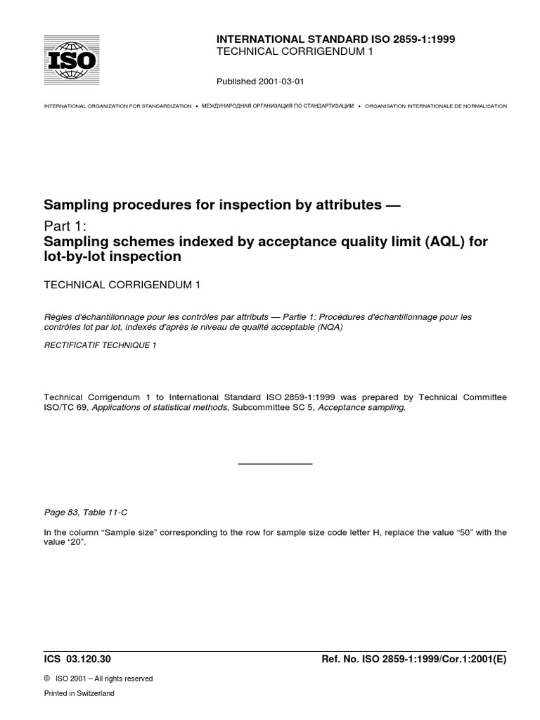 ISO 2859-1-99 Sampling Procedures For Inspection by Attributes-Sampling ...