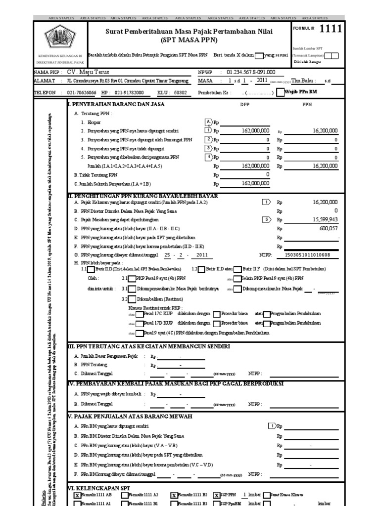 Contoh Isian SPT PPN 1111 | PDF