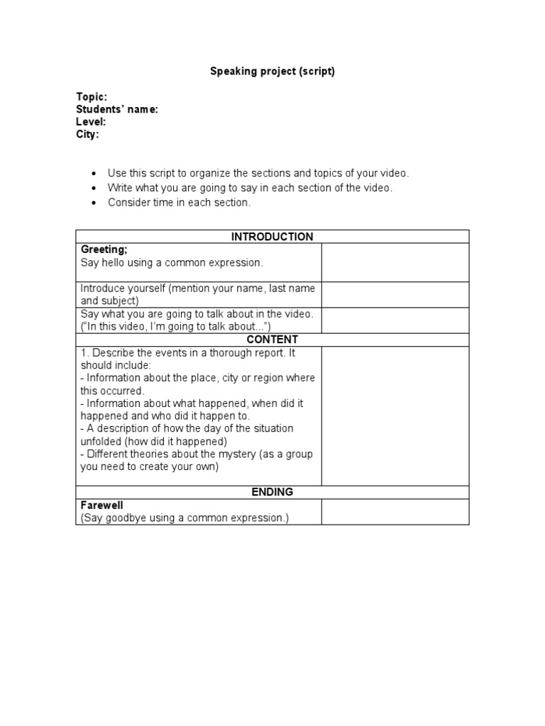 Speaking Project (Script) Topic: Students' Name: Level: City | PDF