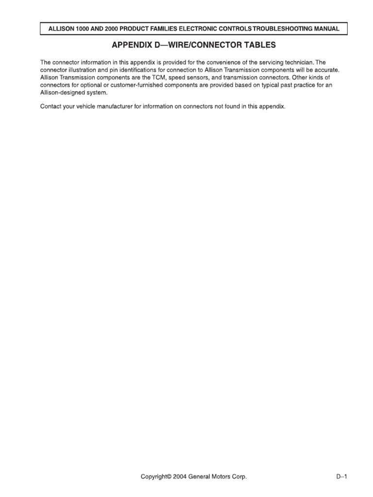 Appendix D-Wire/Connector Tables: Allison 1000 and 2000 Product ...