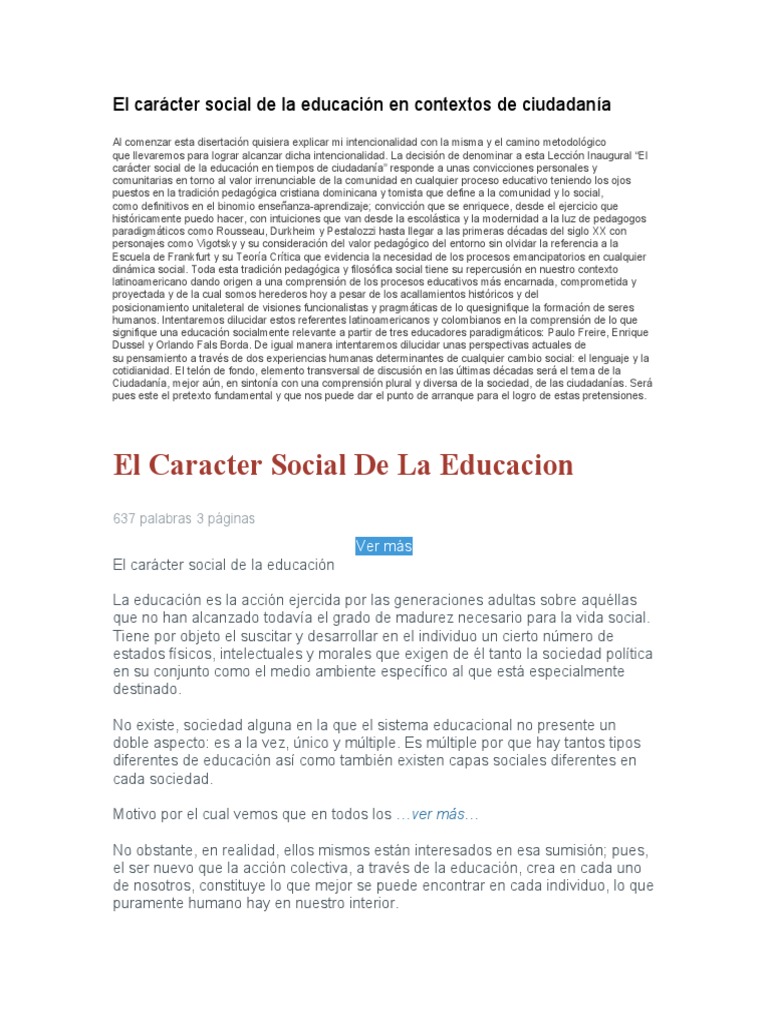 El Carácter Social de La Educación en Contextos de Ciudadanía | PDF ...