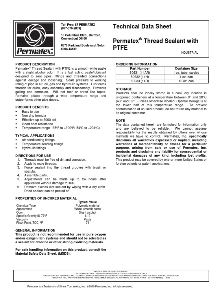 Technical Data Sheet Permatex Thread Sealant With Ptfe: Industrial | Download Free PDF | Pipe ...
