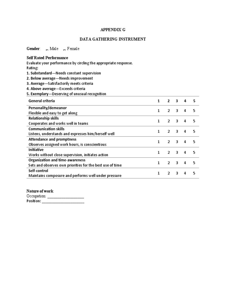APPENDIX G. Data Gathering Instrument | PDF | Salary | Employment
