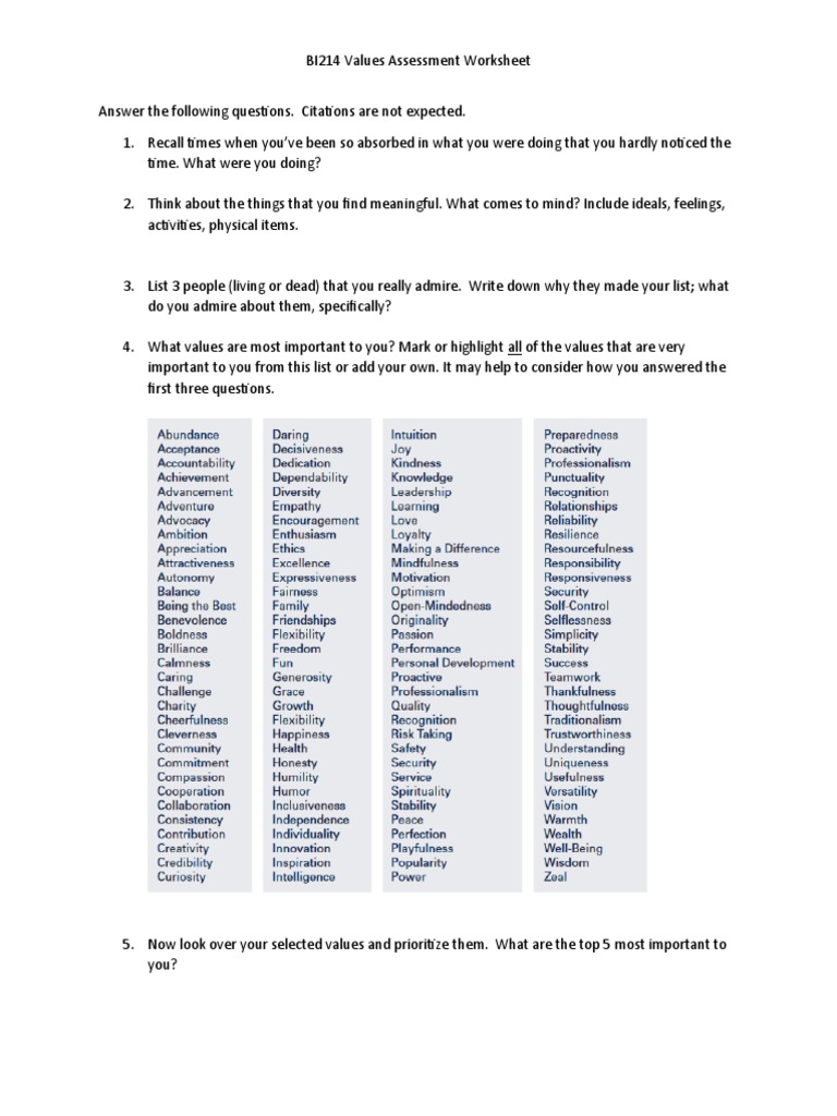 Unit 6 Values Worksheet | PDF