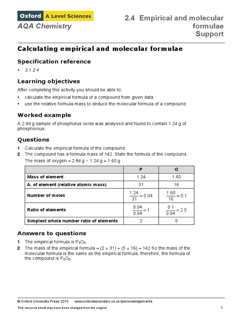 Empirical And Molecular Formula Worksheet Answers Free Printable