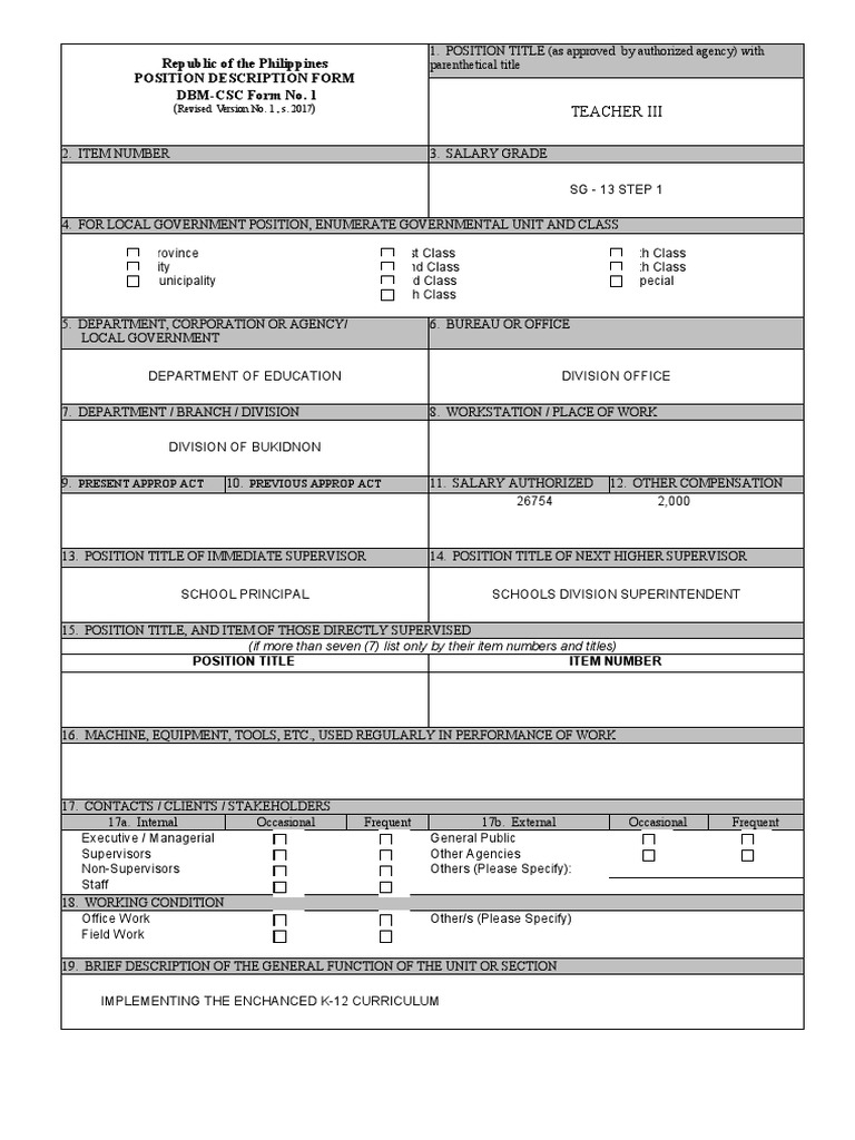 DBM CSC Form No. 1 Position Description Forms T3 | PDF | Teachers ... DBM CSC Form No. 1 Position Description Forms T3 | PDF | Teachers ...