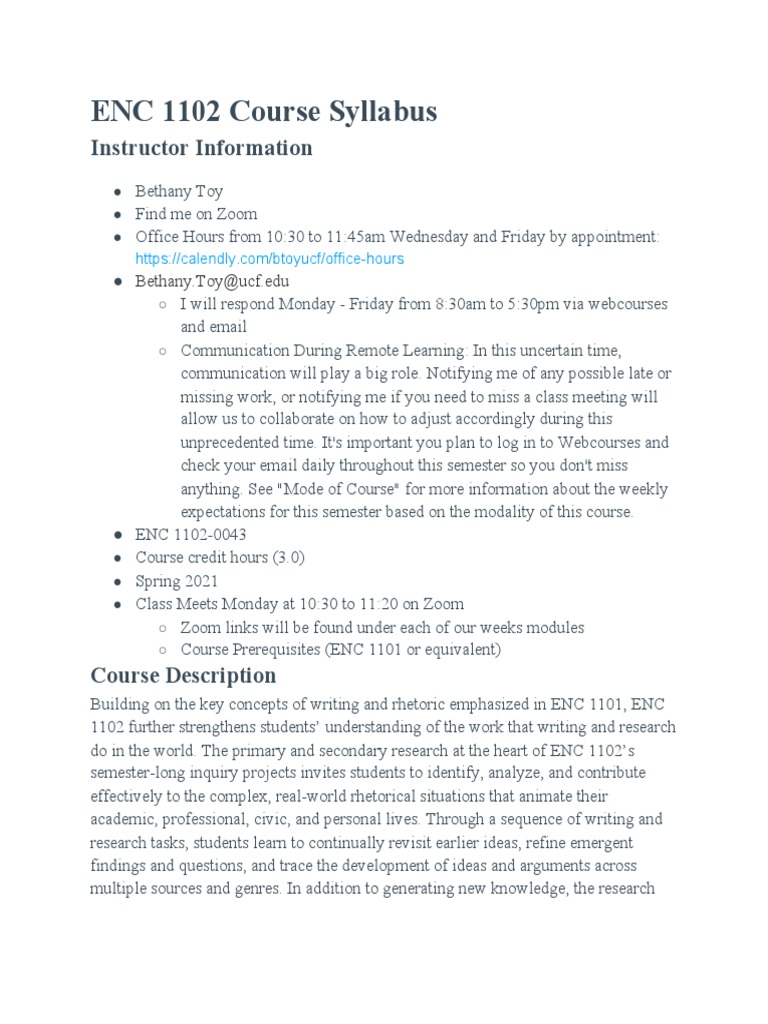ENC 1102 Course Syllabus: Instructor Information | PDF | Academic ...