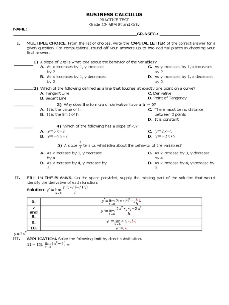 Business Calculus Practice Test ABM | PDF | Slope | Tangent