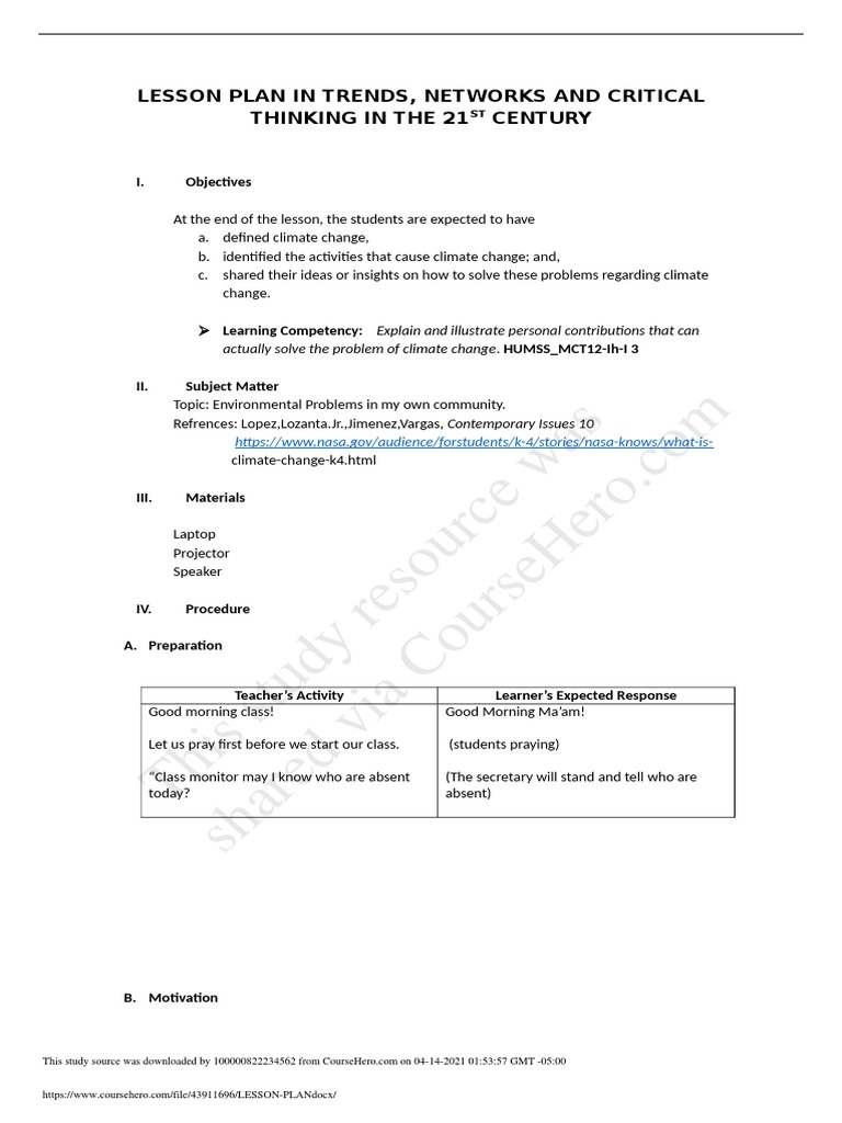 This Study Resource Was: Lesson Plan in Trends, Networks and Critical ...