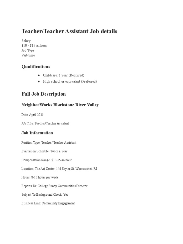 Teacher Assistant Job Description | Download Free PDF | Child Care ...