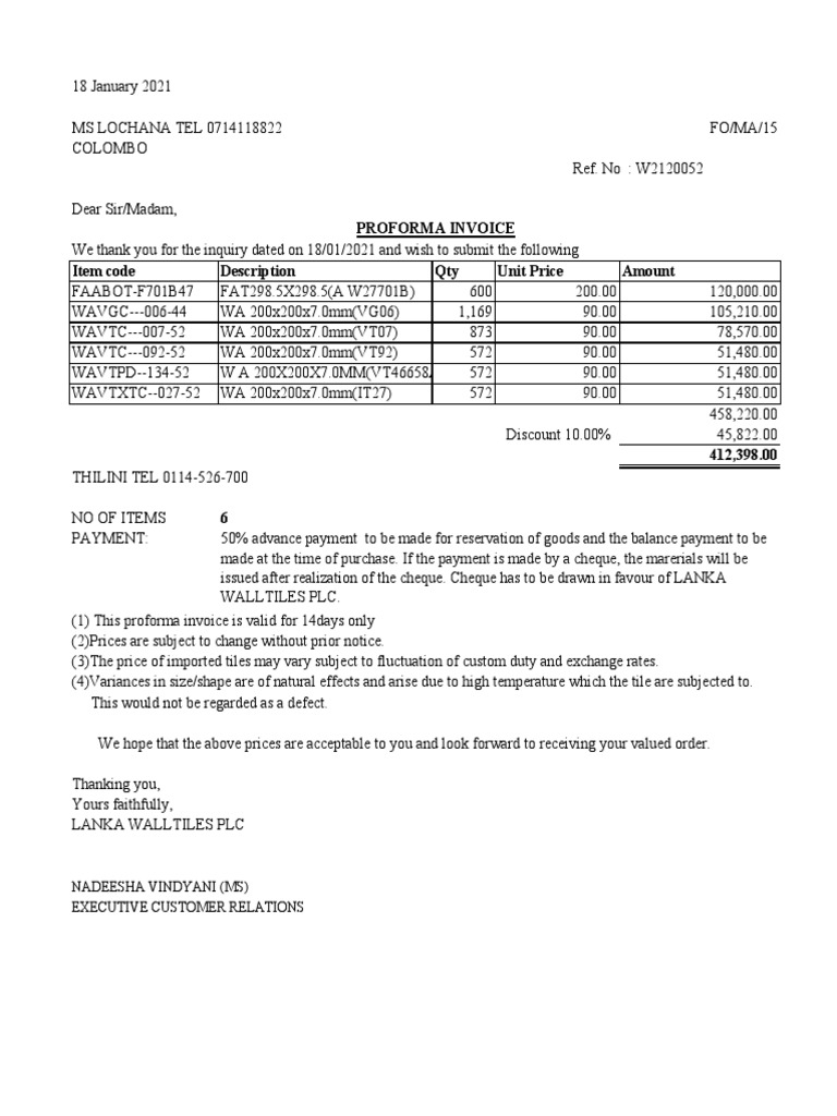 Proforma Invoice Item Code Description Qty Unit Price Amount | PDF ...
