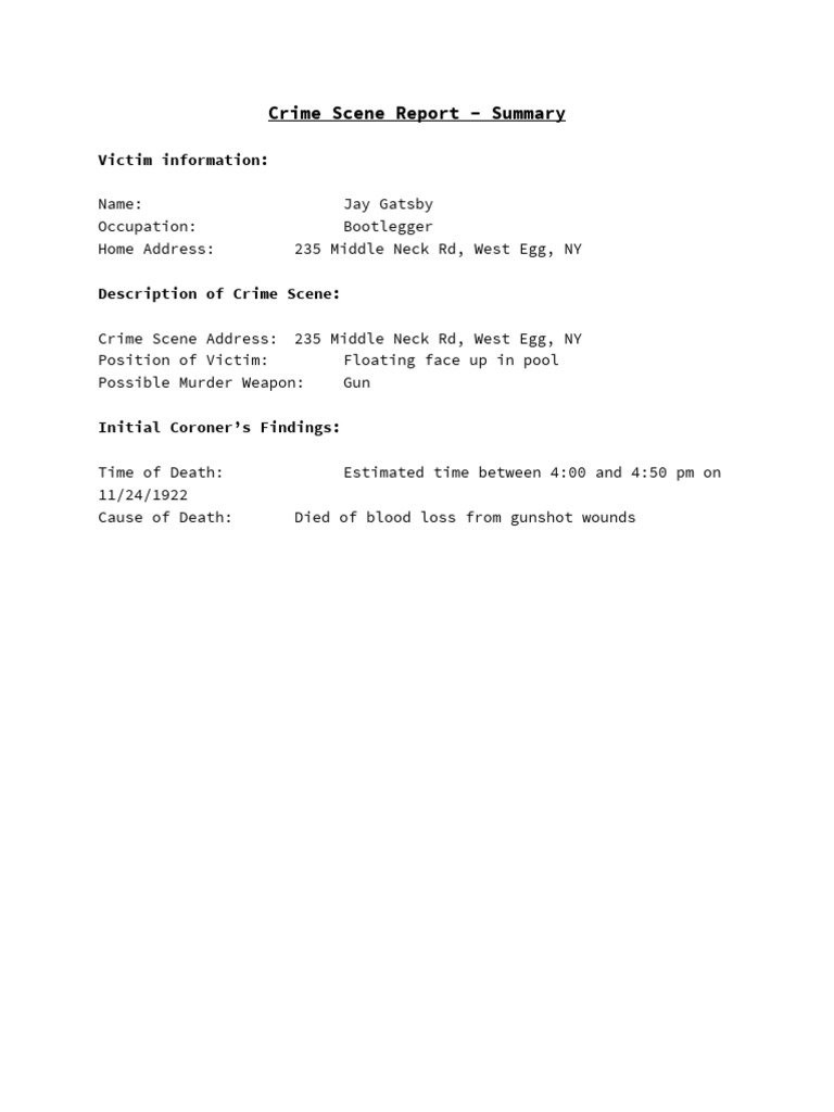 Jay Gatsby Crime Scene Report Summary | PDF | Law | Mystery, Thriller ...