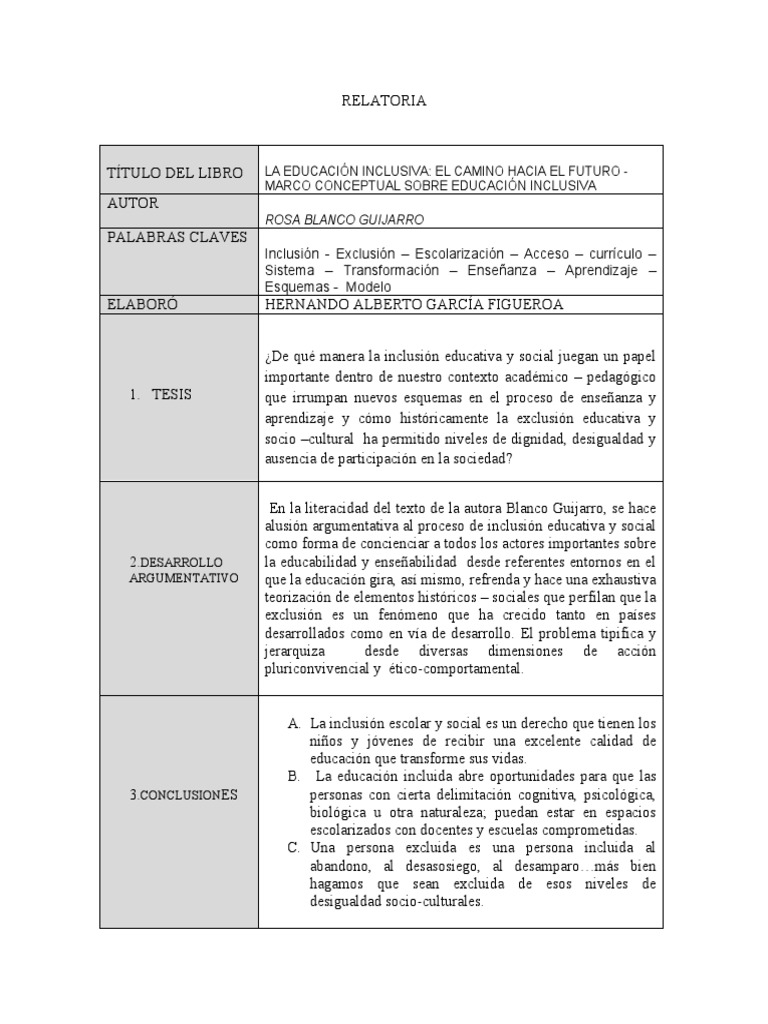 Relatoría - Ejemplos | PDF | Inclusión (Educación) | Exclusión social