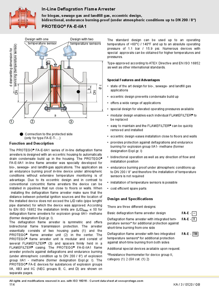 In-Line Deflagration Flame Arrester Protego FA-E-IIA1 | PDF | Biogas ...