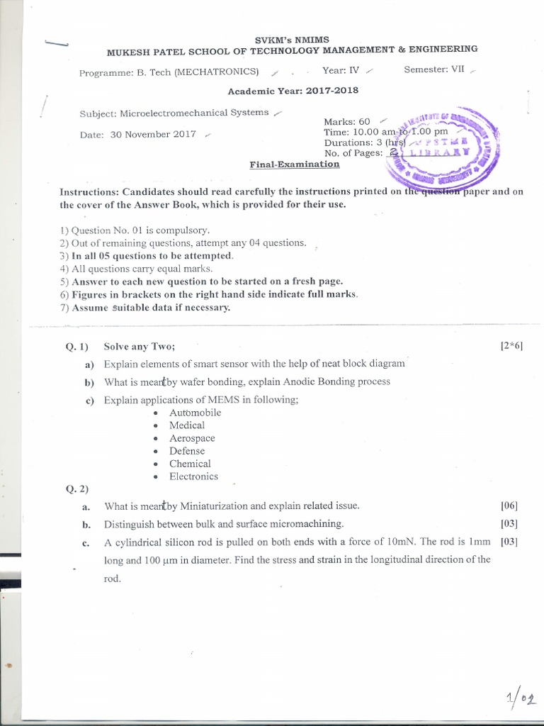 Microelectromechanical Systems (Mechatronics), Final Exam | PDF