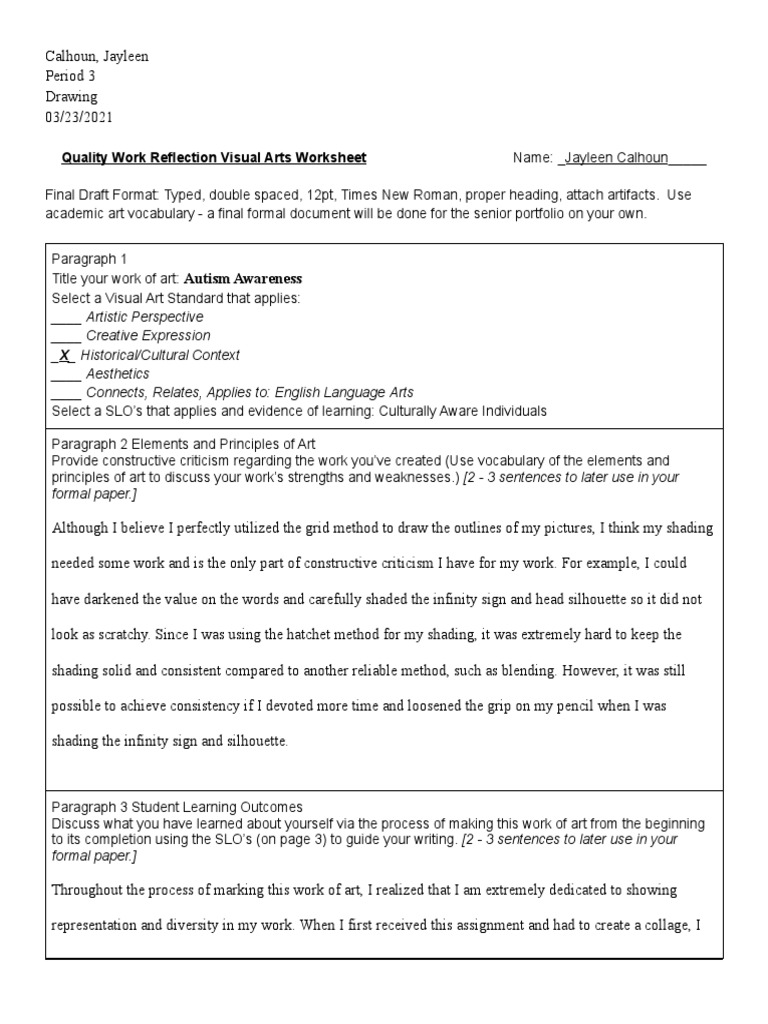 Jayleen Calhoun - Quality Work Refection Visual Arts Worksheet | PDF ...