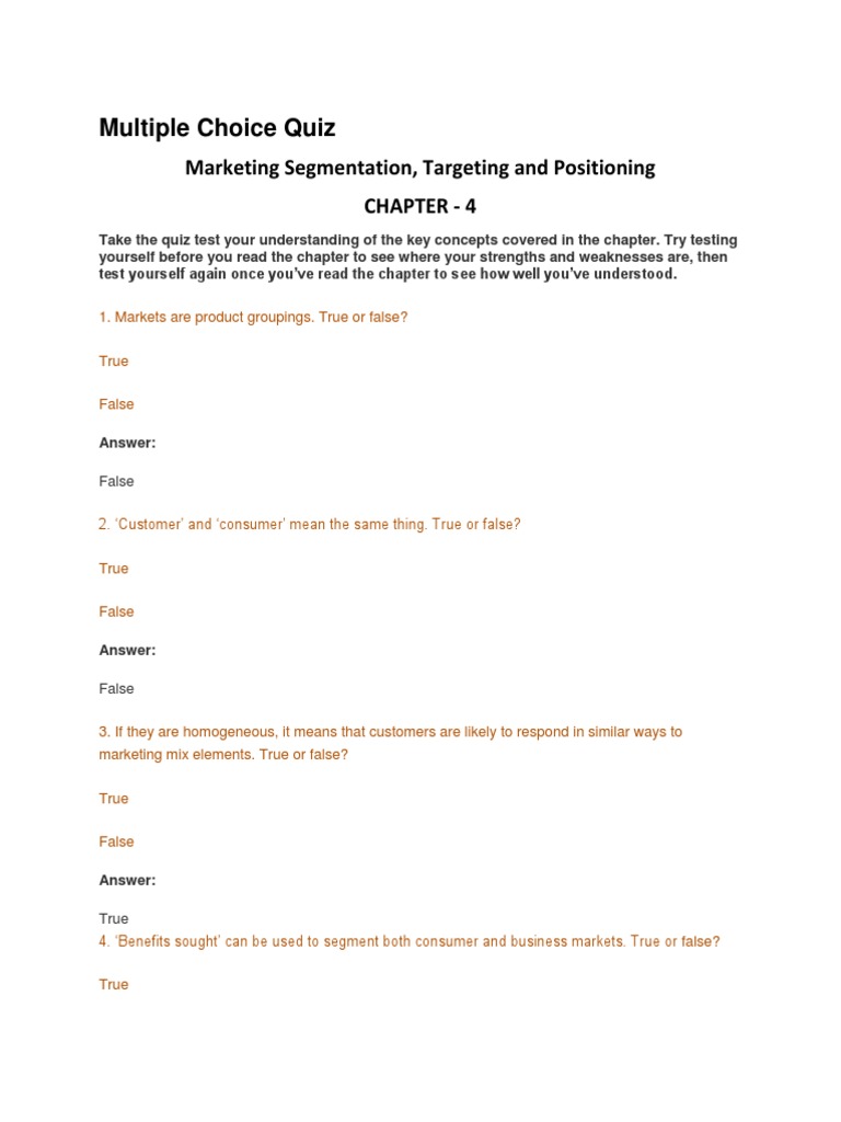 Market Segmentation Quiz and Answers | PDF | Market Segmentation | Brand