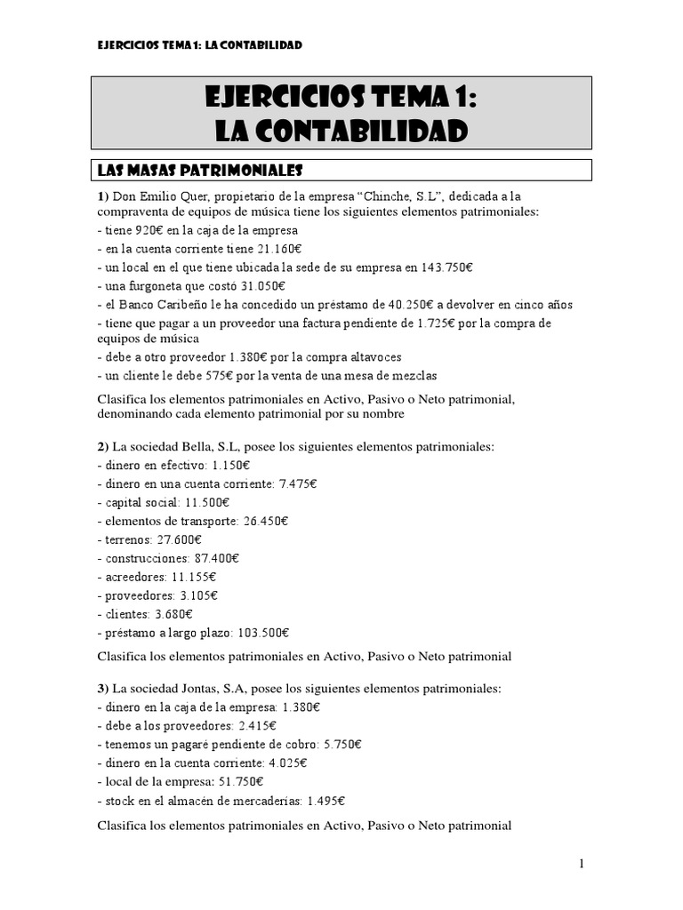 Ejercicios T 1 La Contabilidad | Descargar gratis PDF | Contabilidad | Hoja de balance