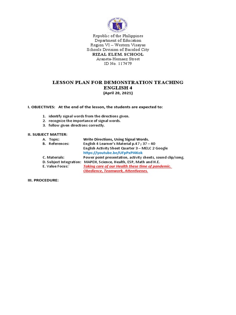 Detailed Lesson Plan Write Directions Using Signal Words | PDF | Lesson ...