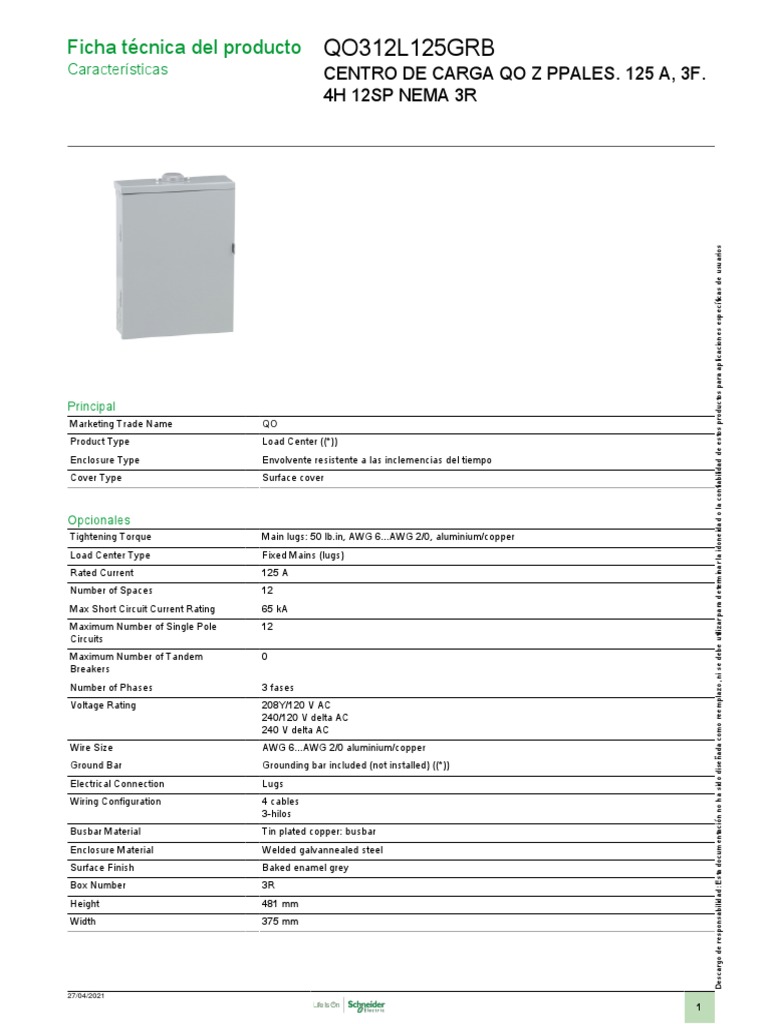 Centros de Carga QO - QO312L125GRB | PDF | Seguridad y salud ocupacional | Economía y medio ambiente