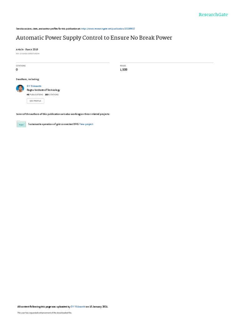 Automatic Power Supply Control To Ensure No Break Power: March 2019 ...