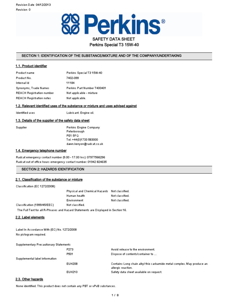 Safety Data Sheet Perkins Special T3 15W-40 | PDF | Toxicity ...