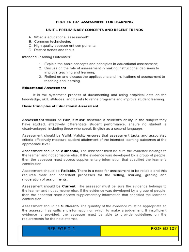 Prof Ed 107-Assessment For Learning Unit 1 Preliminary Concepts and ...