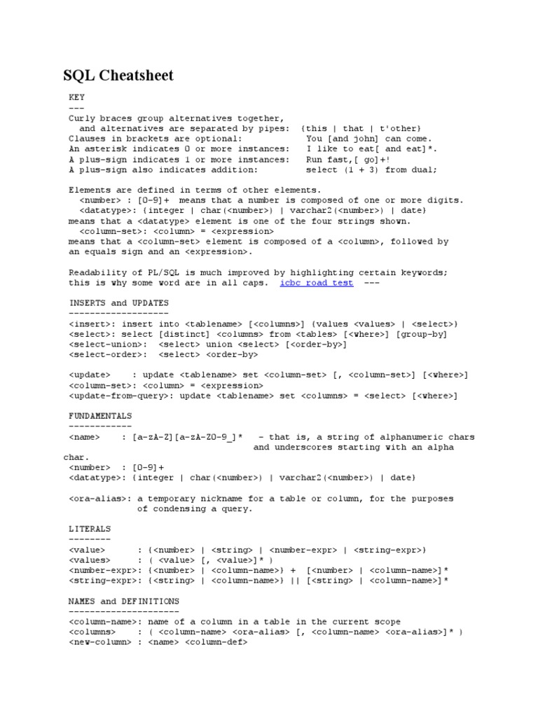 SQL Cheatsheet: Icbc Road Test | Download Free PDF | Data | Bracket