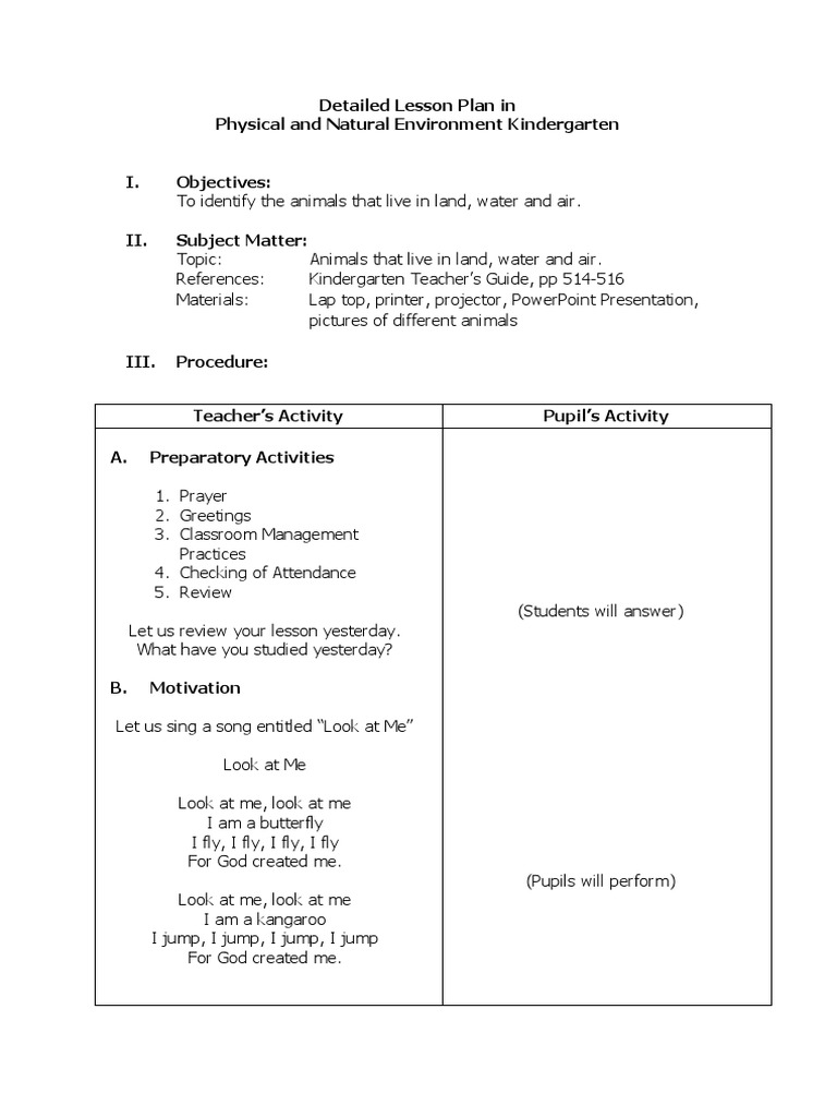 Detailed Lesson Plan in Physical and Natural Environment Kindergarten I ...