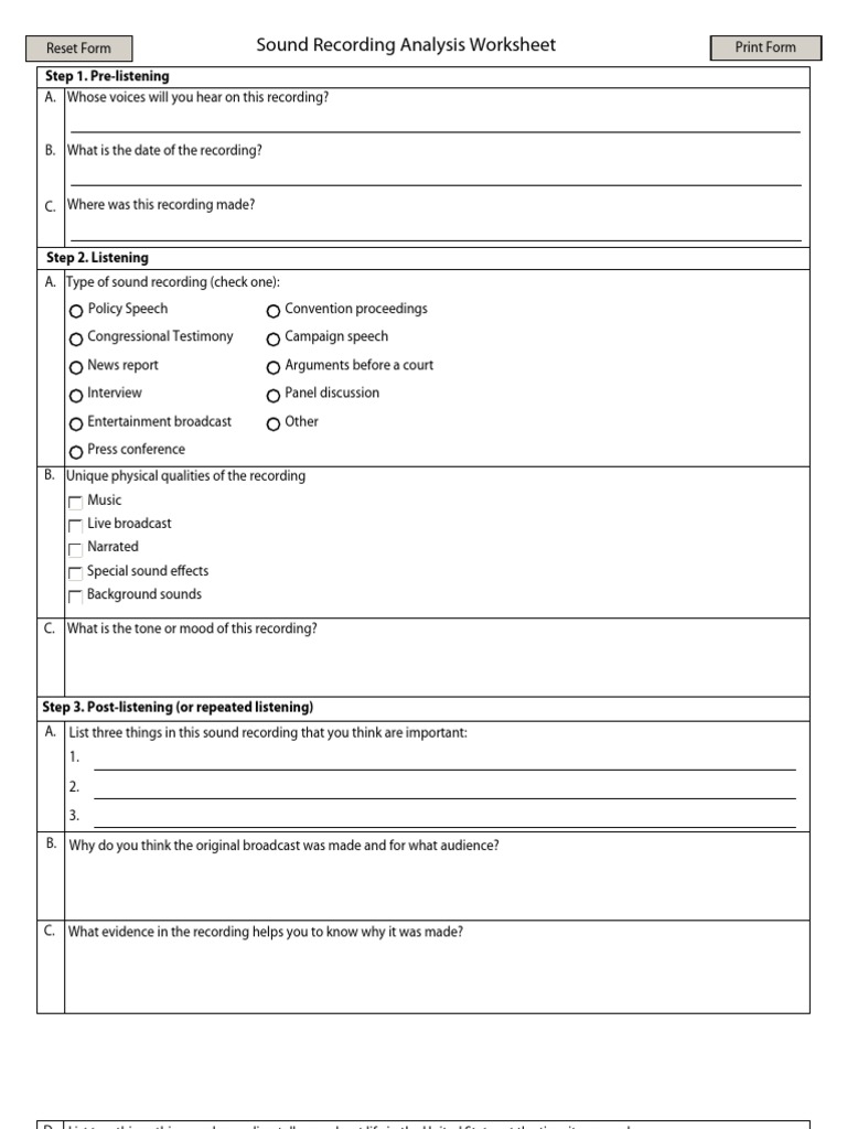 Sound Recording Analysis Worksheet: Step 1. Pre-Listening | PDF