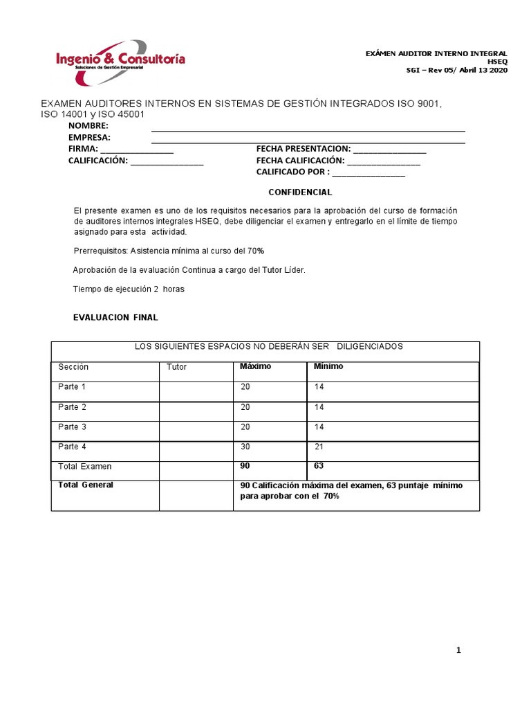 Examen Auditor Interno Hseq 2020 - Version | PDF | Prueba (evaluación) | Auditoría