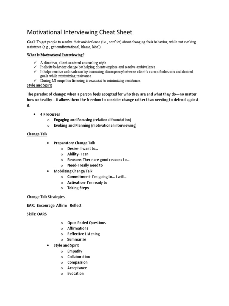 Encouraging Change Talk Motivational Interviewing Cheat Sheet. | PDF ...