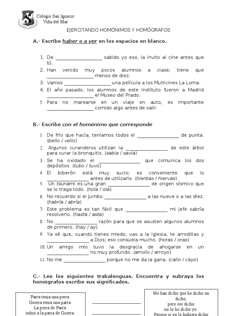 EJERCITANDO HOMÓNIMOS Y HOMÓGRAFOS | Ocio | Prueba gratuita de 30 días ...