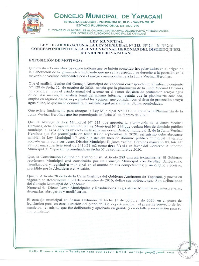 LEY DE ABROGACION DE LA LEY MUNICIPAL No. 213-244-246 | PDF