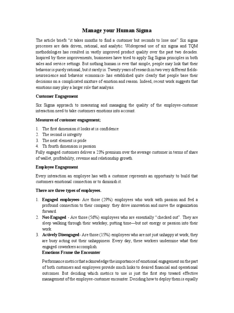 Manage Your Human Sigma-Summary | PDF | Customer | Six Sigma