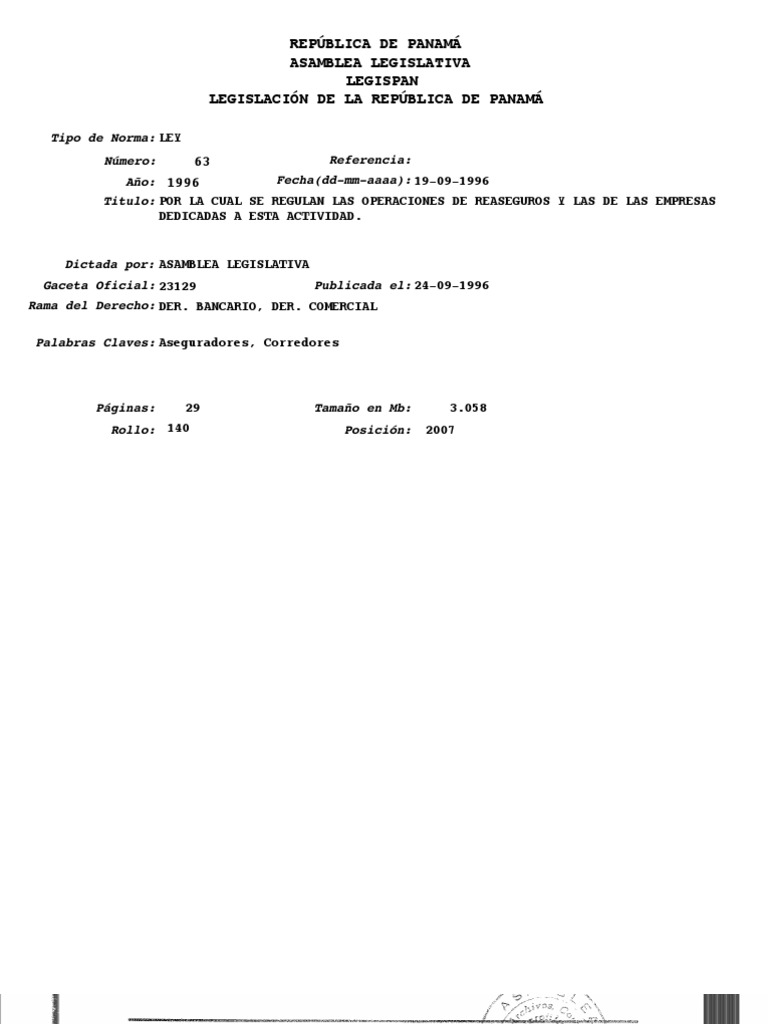 Ley de Seguros y Reaseguros Panama 63-De-1996-Sep-24-1996 | PDF | Sociedad de responsabilidad ...
