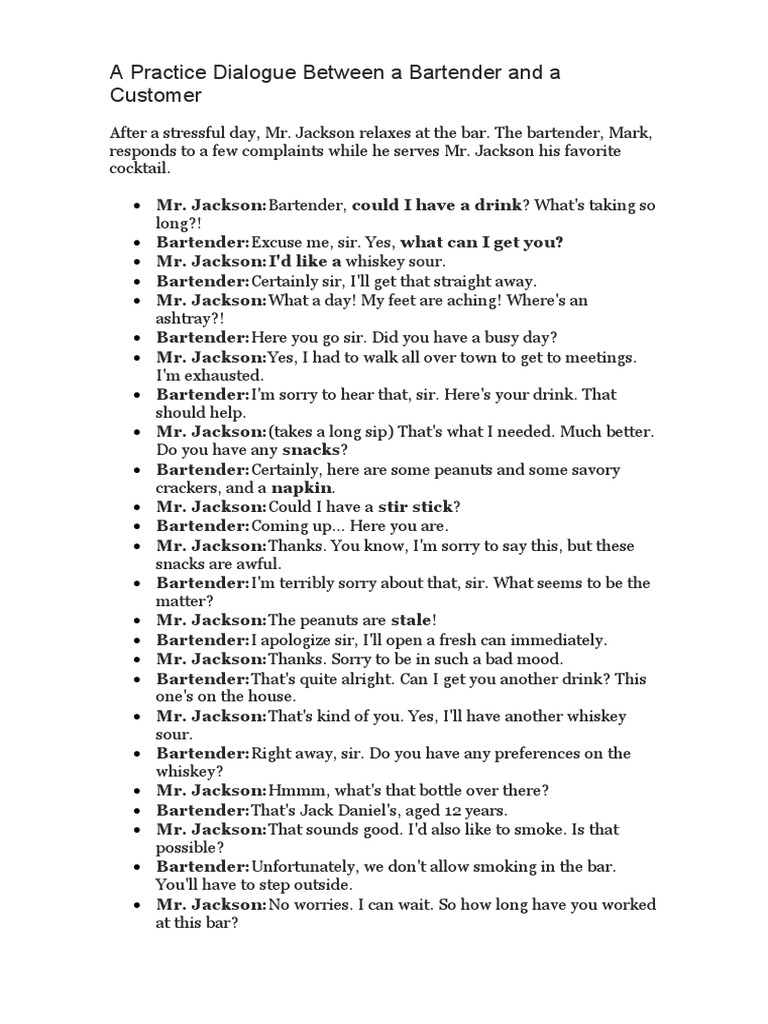 Dialogue at A Bar | PDF | Bartender | Beverages